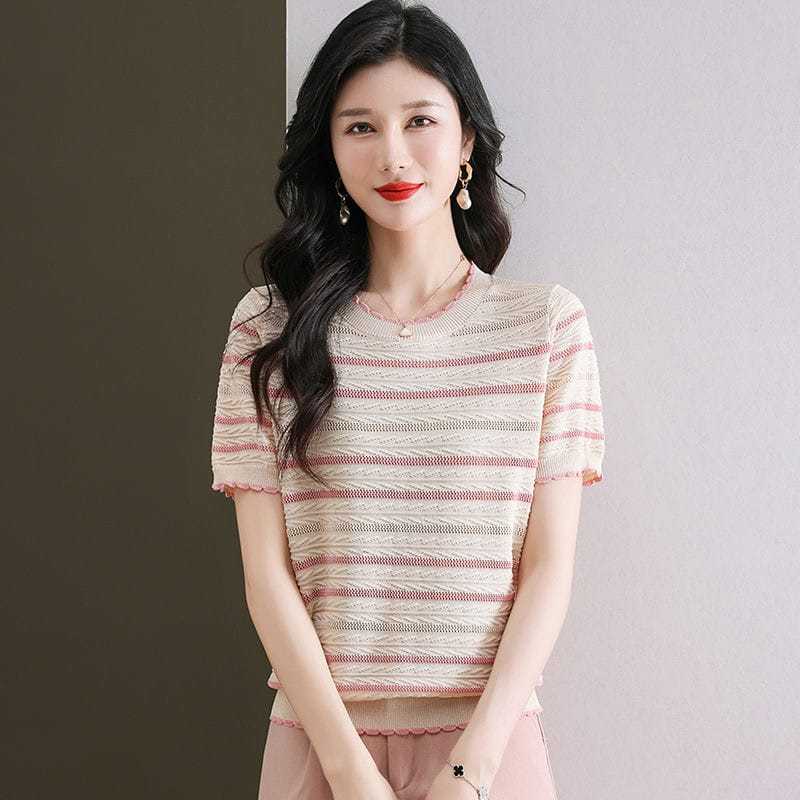 Jual Zoe Top Knit Striped - Atasan Rajut Wanita Lengan Pendek TM | Shopee Indonesia