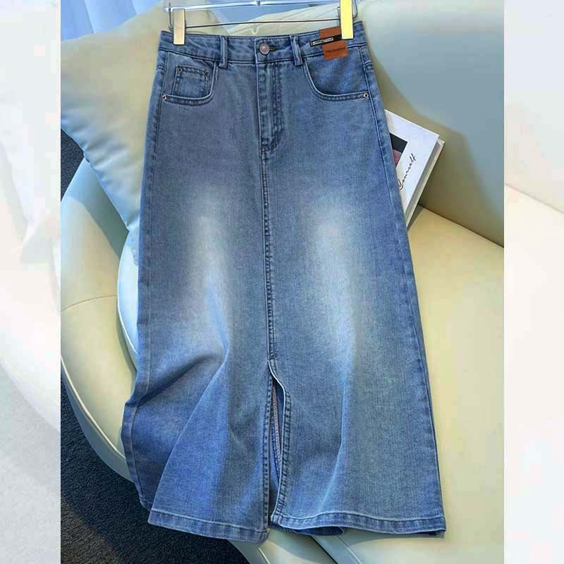 Jual Rok Denim Retro untuk Wanita Musim Panas 2024 Rok Celah Panjang ...