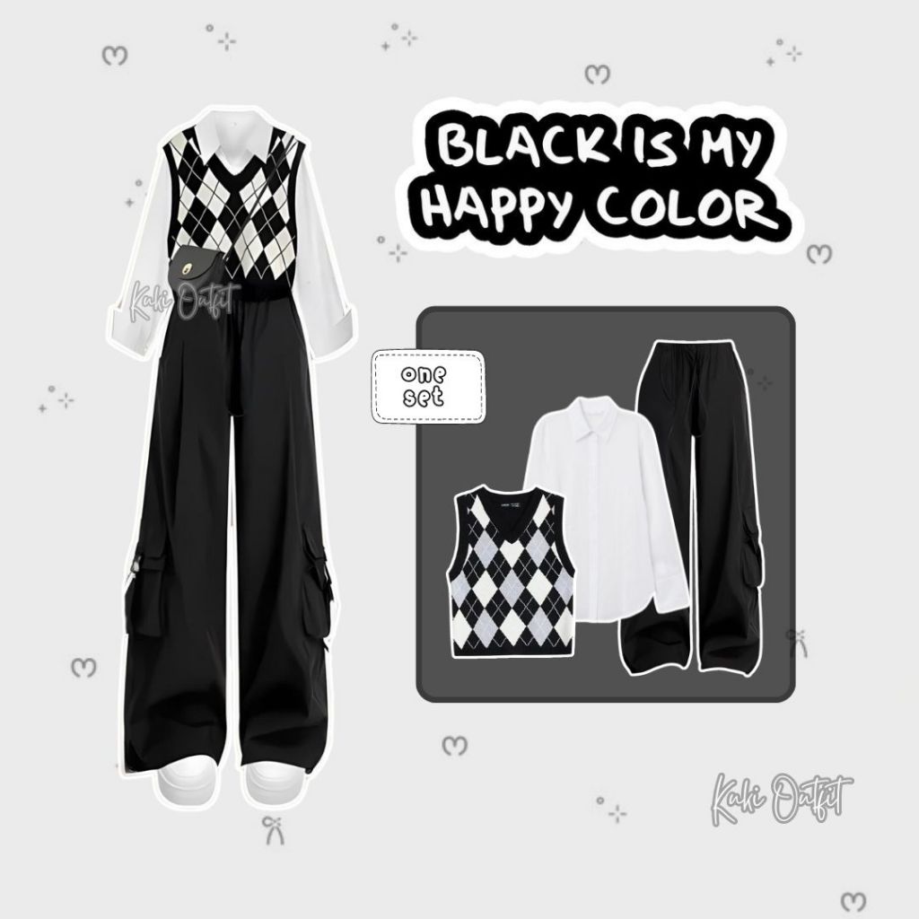 Jual OOTD One Set Perempuan (Vest Rajut + Kemeja + Celana Cargo) Outfit ...