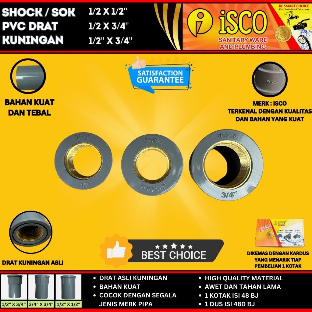 Jual SOCK Drat Dalam AW Kuningan 1/2 - 1/2 x 3/4 Inch ISCO SHOCKET ...