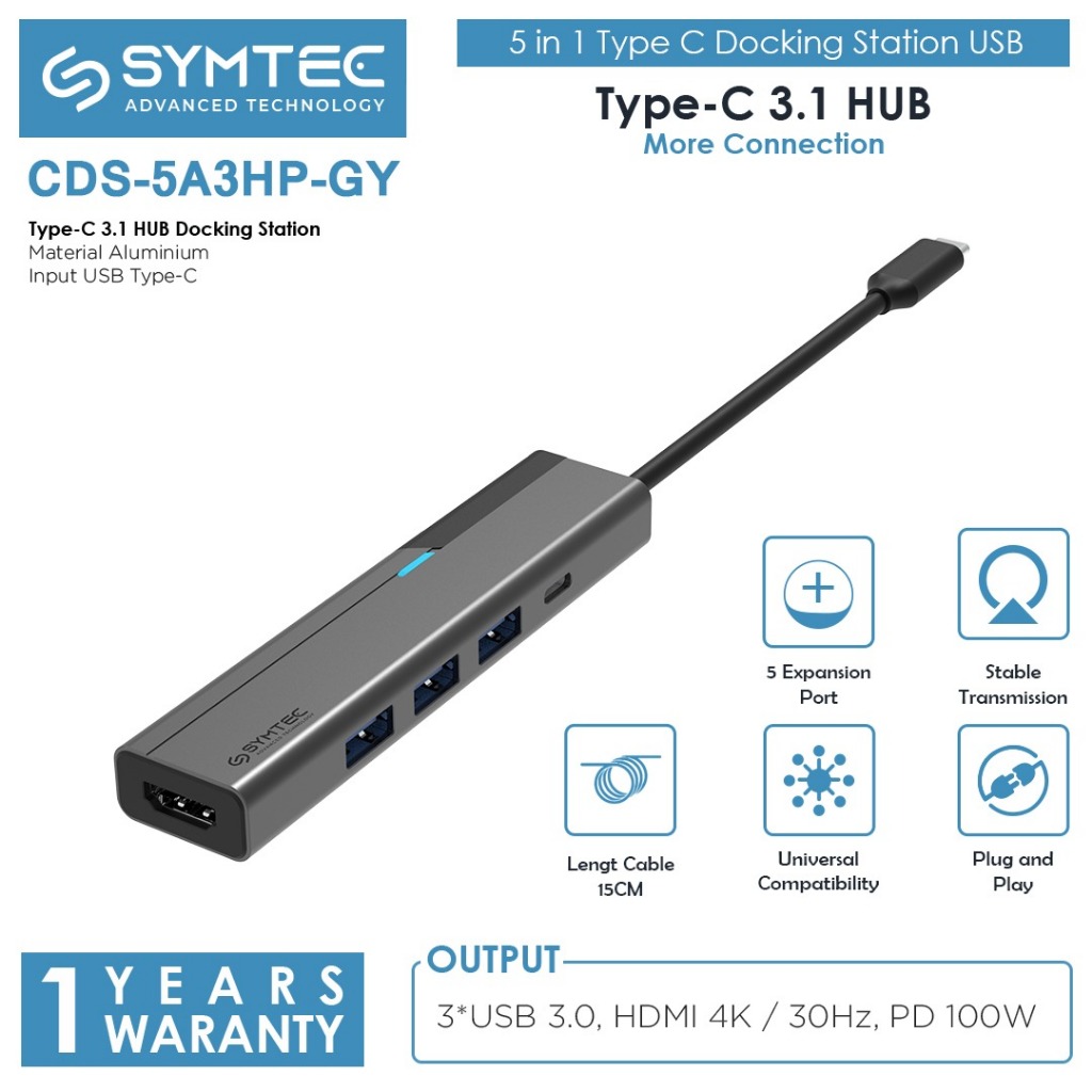 Jual SYMTEC 5in1 Type C Hub USB 3.0 HDMI 4K30Hz PD100W - CDS-5A3HP ...