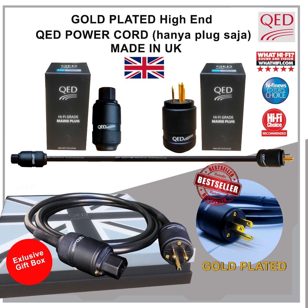 Jual QED UK HiFi IEC & US Plug Connector Rhodium/Gold Plated + Power ...