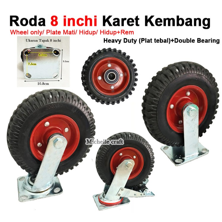 Jual Roda Karet Kembang 8 inchi 8"(WO/Mati/Hidup/Rem)Heavy Duty+Double ...