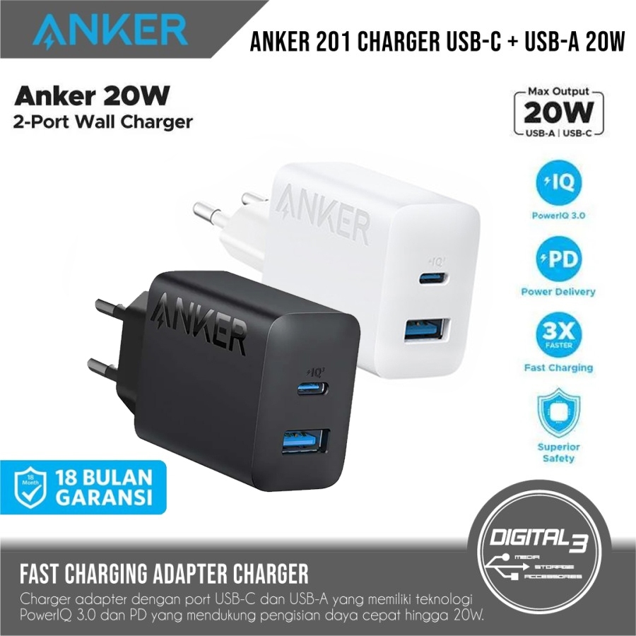 Jual Anker 201 Wall Charger 20W Adapter USB C + A Fast Charging PD ...