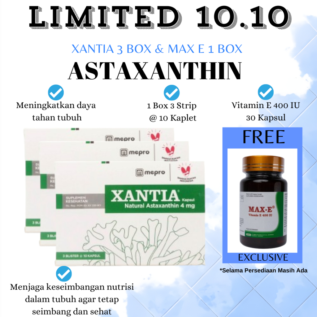 Jual XANTIA 3box + max E @30kapsul | Astaxanthin 4mg | Antioksidan dan ...