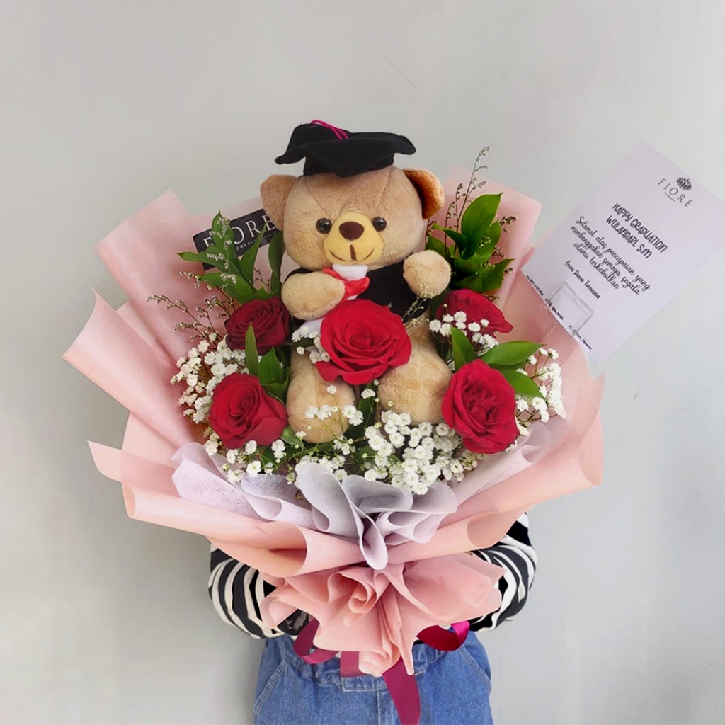 Jual GRADUATION BOUQUET - ROSE WITH TEDDY MEDIUM [ FRESH FLOWER / BUNGA ...