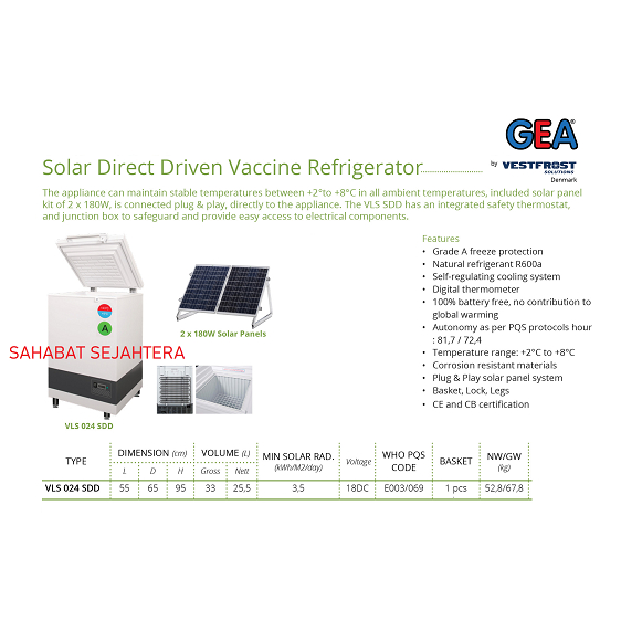 Jual GEA Solar Vaccine Refrigerator VLS-024-SDD Kulkas Penyimpanan Obat ...