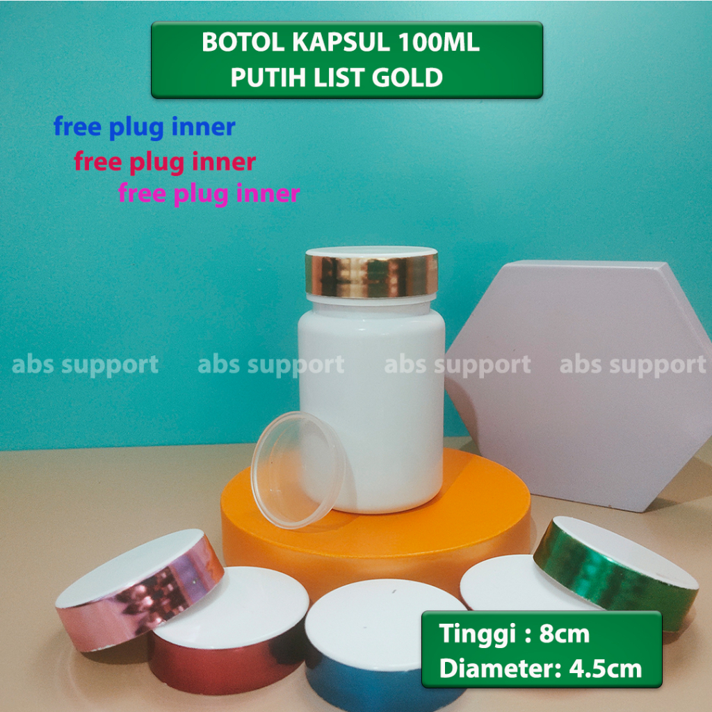 Jual Botol Kapsul 100ml isi 30 Putih List Tutup Gold + Plug Inner ...