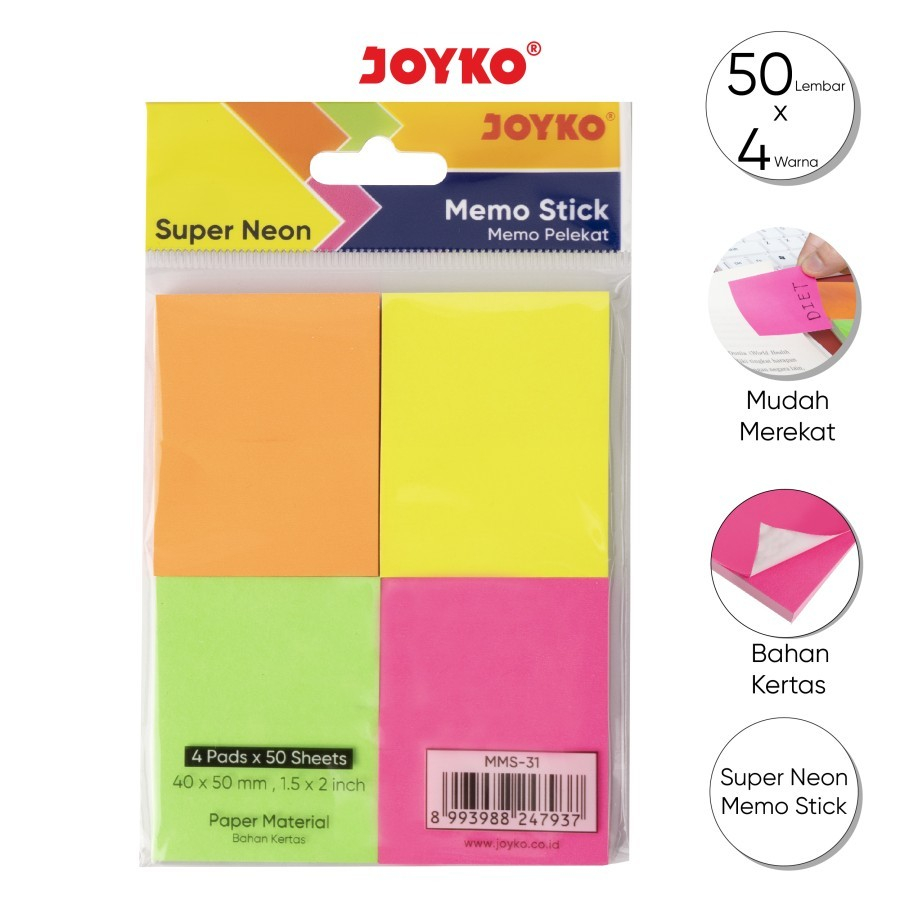 Jual Memo Stick JOYKO MMS31 4Warna@50lembar/Memo Pelekat/Sticky Note ...