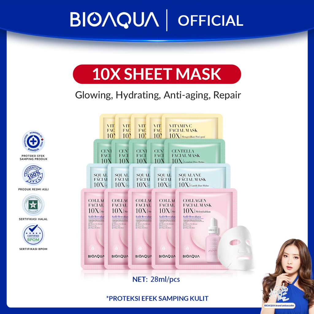 Jual BIOAQUA Sheet mask 10X The Effect masker wajah Centella/Squalane/Vitamin C/Collagen 28ml ...