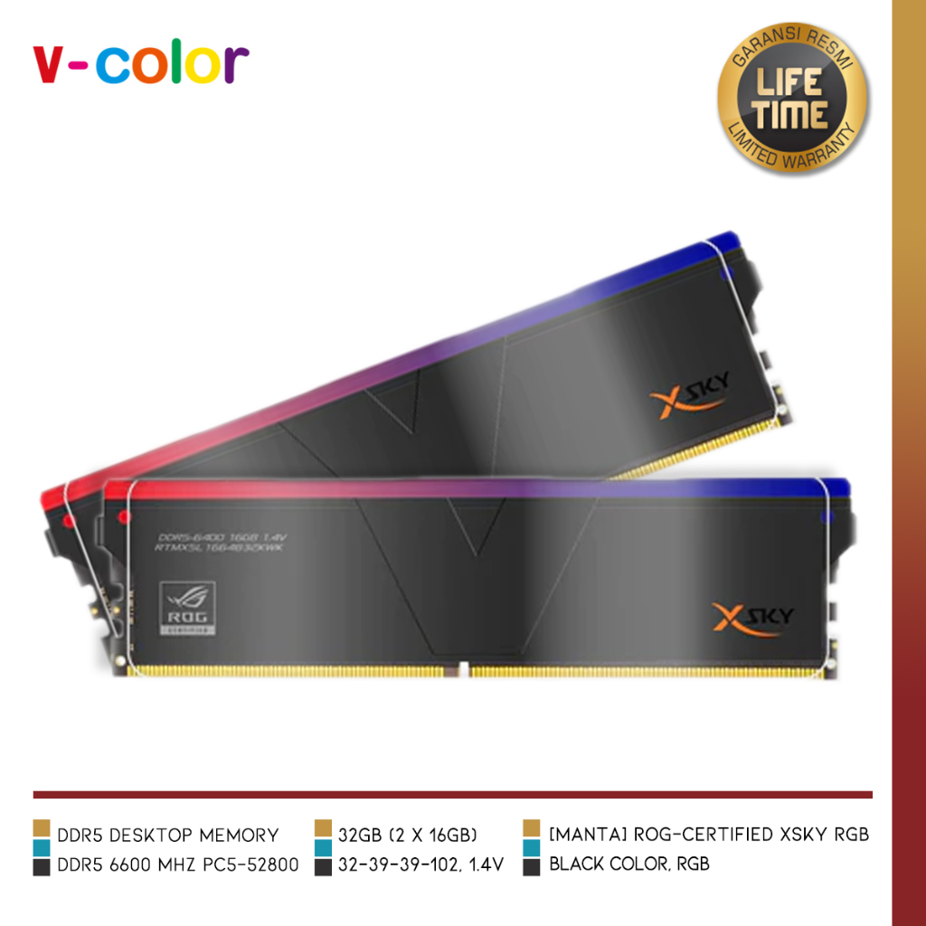 Jual V-COLOR Manta ROG Certified XSky RGB 32GB (2x16GB) DDR5 6600MHz BLACK | Shopee Indonesia