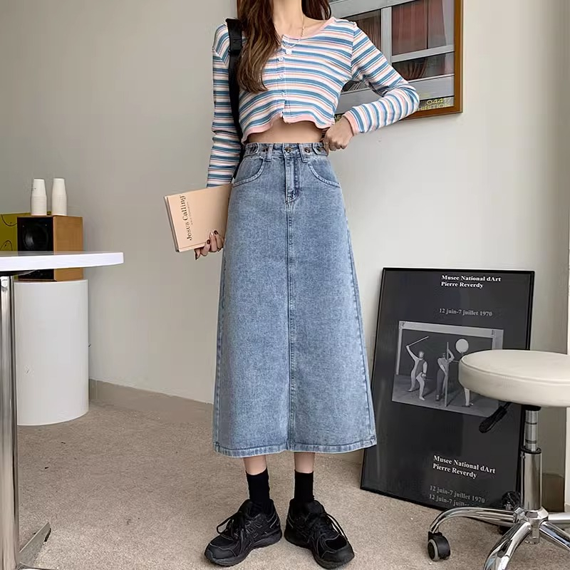 Jual Emily Rok-Korea Style Fashion Midi Rok A-Line Highwaist Denim Rok ...