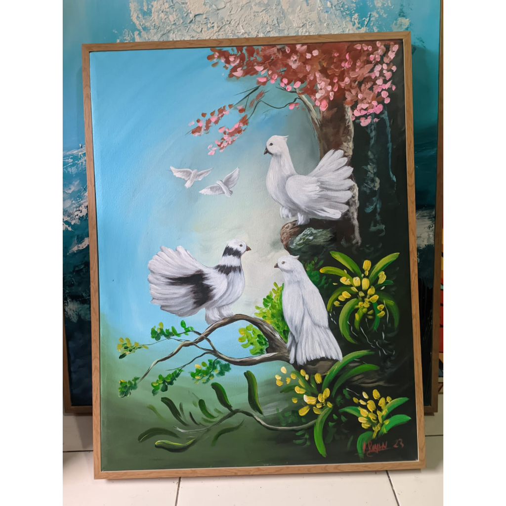 Jual lukisan burung merpati ukuran 60cm x 80cm sudah full dengan ...