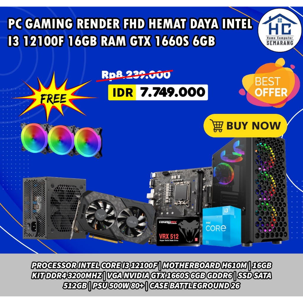 Jual PC GAMING RENDER FHD HEMAT DAYA INTEL I3 12100F 16GB RAM GTX 1660S ...
