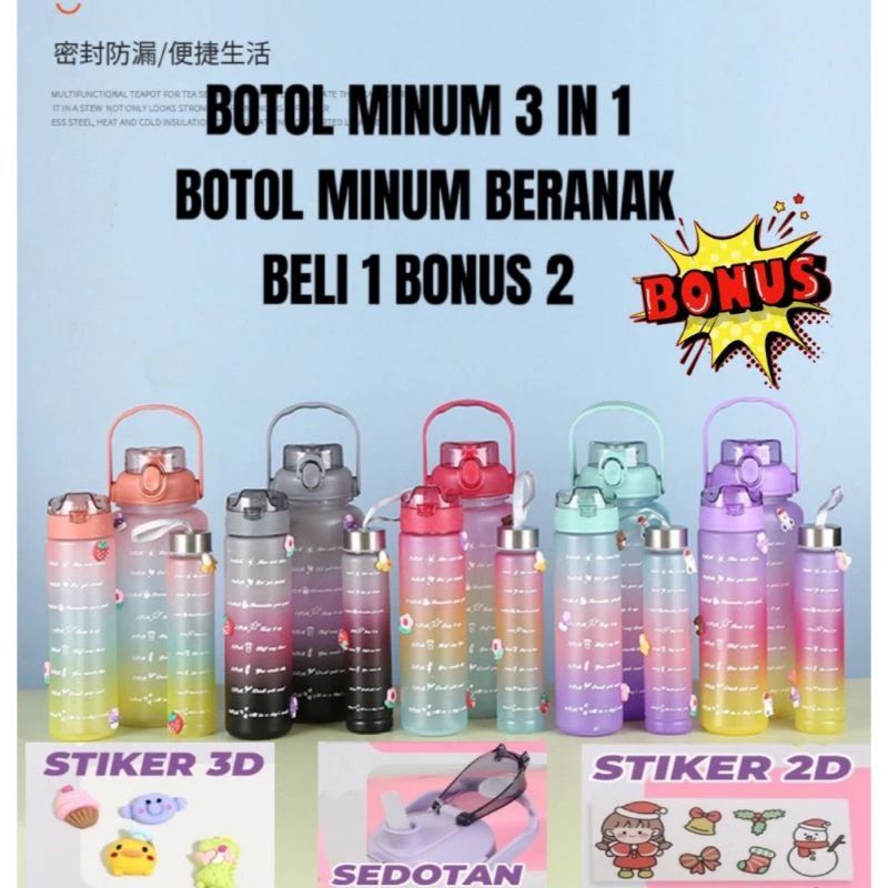 Jual BOTOL MINUM SET 3 IN 1 GRADASI / Botol Air Minum Free Sticker ...