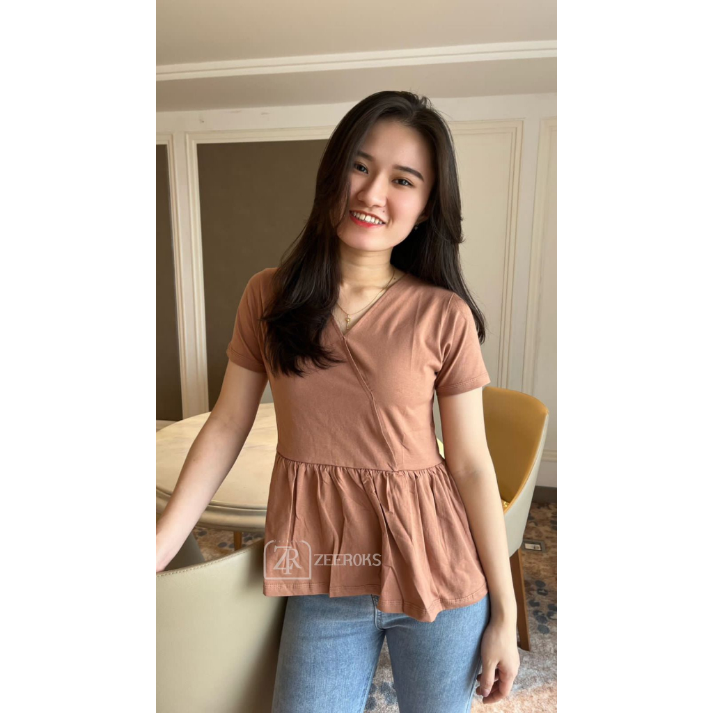 Jual Kaos Polos Blouse Peplum Wanita Tangan Pendek Rumbai Bahan Premium ...