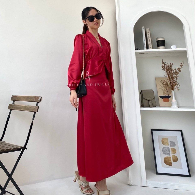 Jual CHIKA Dress Satin V Neck Lengan Panjang Acara / Baju Kondangan ...