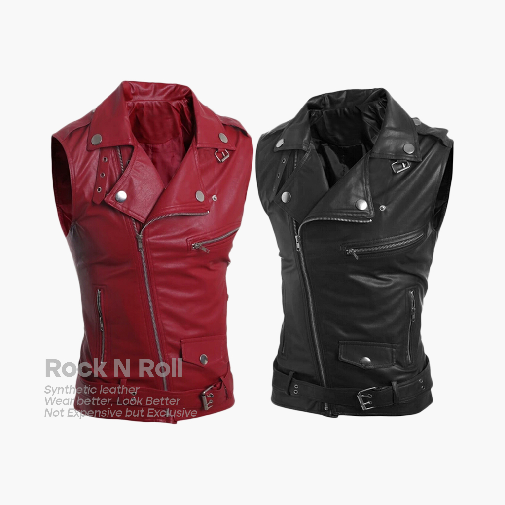 Jual WJ Stuff - Rompi Kulit Sintetis Pria Rock n Roll Vest Hitam Merah ...
