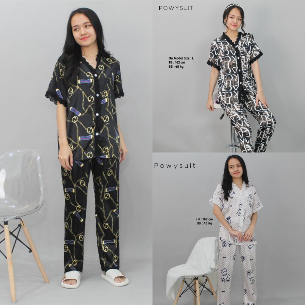Jual ST Piyama SATIN Lembut Powysuit Baju Tidur Bahan Satin Lengan Pendek Celana Panjang Baju ...