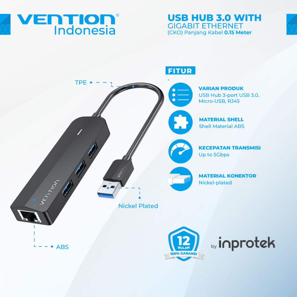 Jual Vention Hub USB A 2.0 3.0 3 PORT Lan Ethernet Adaptor w/ Power CHN ...