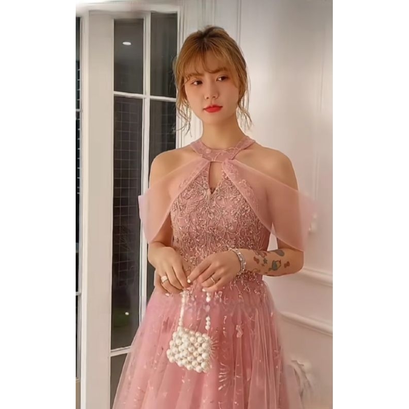 Jual dress glitter sabrina off shoulder gown pink peach halter gaun ...