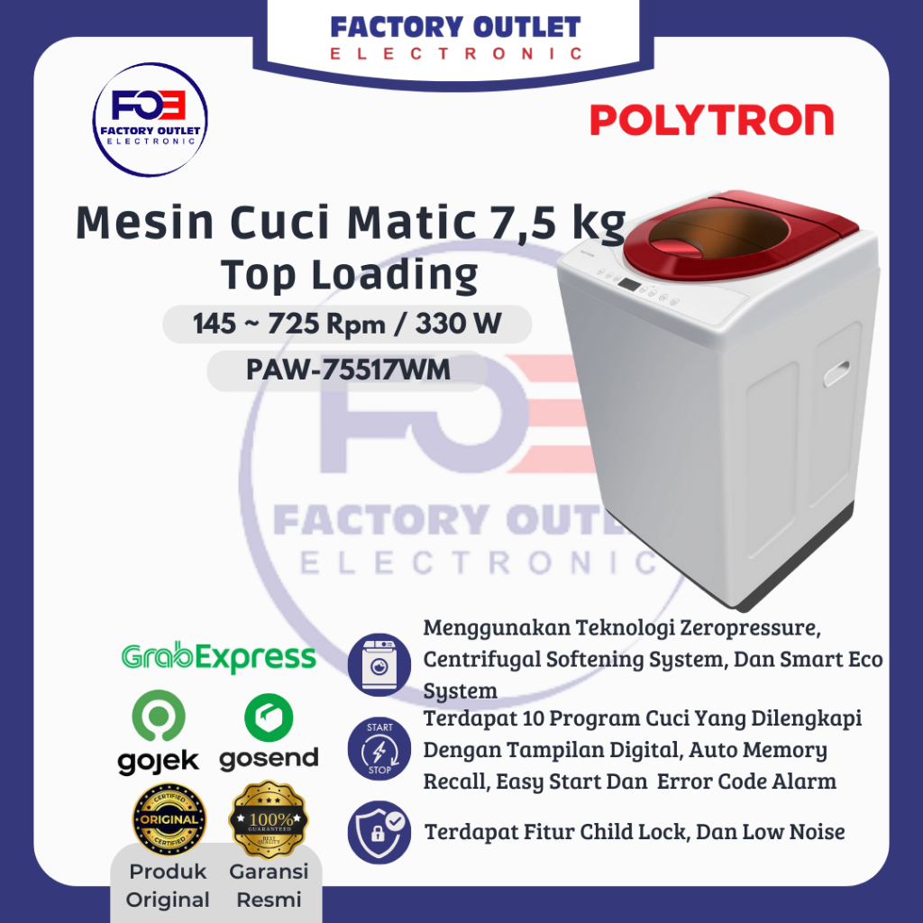 Jual POLYTRON PAW 75517 WM Mesin Cuci Top Loading 1 Tabung Zeromatic 7,5 Kg | Shopee Indonesia