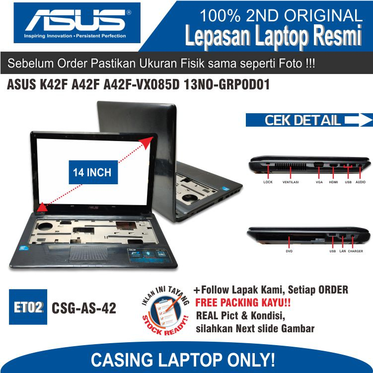 Jual ET02 CSG-AS-19 CASING LAPTOP ASUS K42F A42F A42F-VX085D 13NO ...