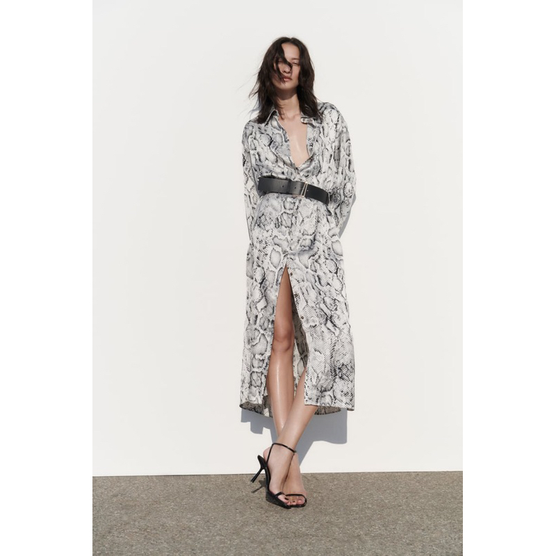 Jual zara long dress satin motif ular dengan belt tebal S M L XL ...