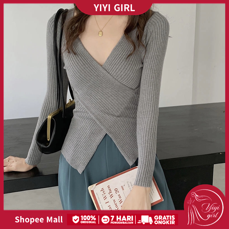 Jual YIYI GIRL Basic Rajut Top Wanita Lengan Panjang V Atasan Korean Style | Shopee Indonesia