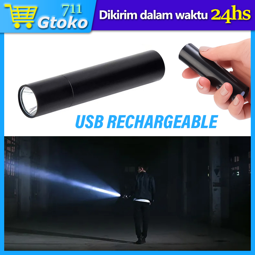 Jual Lampu Senter Mini Portable LED Super Terang Flashlight Senter Police USB Recharge Plastik ...