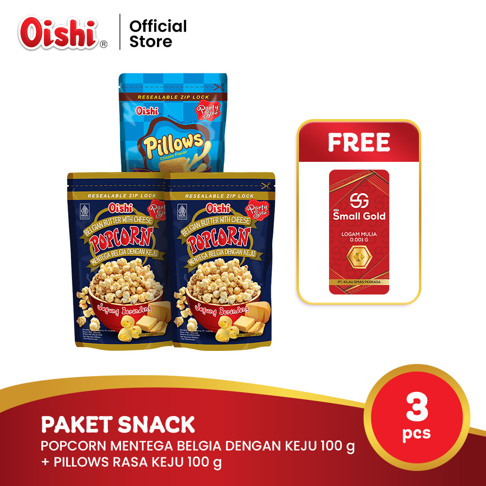 Jual Oishi Paket Snack Popcorn & Pillows Keju (3 pcs) FREE Mini Gold ...