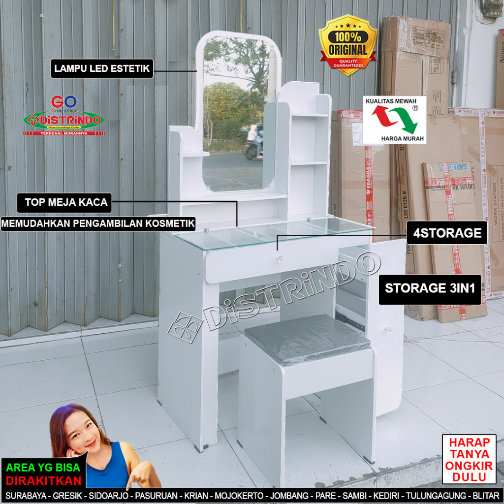 Jual Meja Rias Minimalis dengan LAMPU LED Komplit tempat duduk Top Meja ...