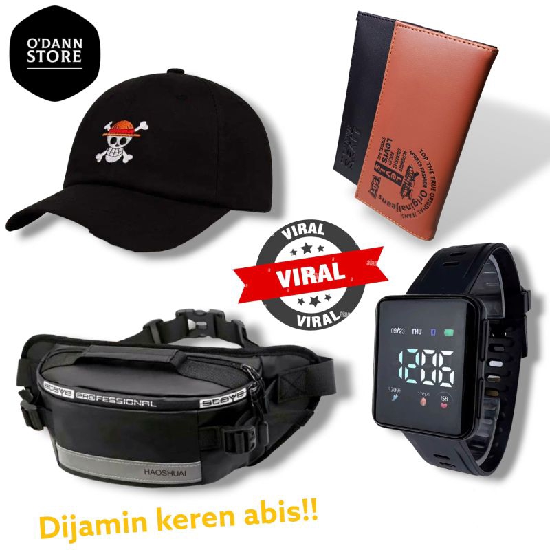 Jual PAKET VIRAL- TAS WAISTBAG PRIA JAM LED DOMPET KULIT TOPI TRACKER ...