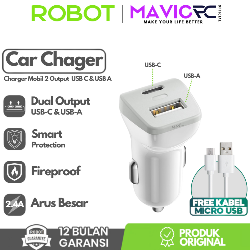 Jual ROBOT RT-C09 Car Charger Casan Mobil Dual Port USB-A & USB-C Type C 2.4A Include Cable ...