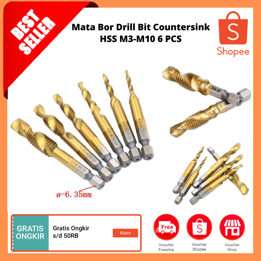 Jual Mata Bor Drill Bit Countersink HSS M3-M10 6 PCS / Mata Bor Hand ...