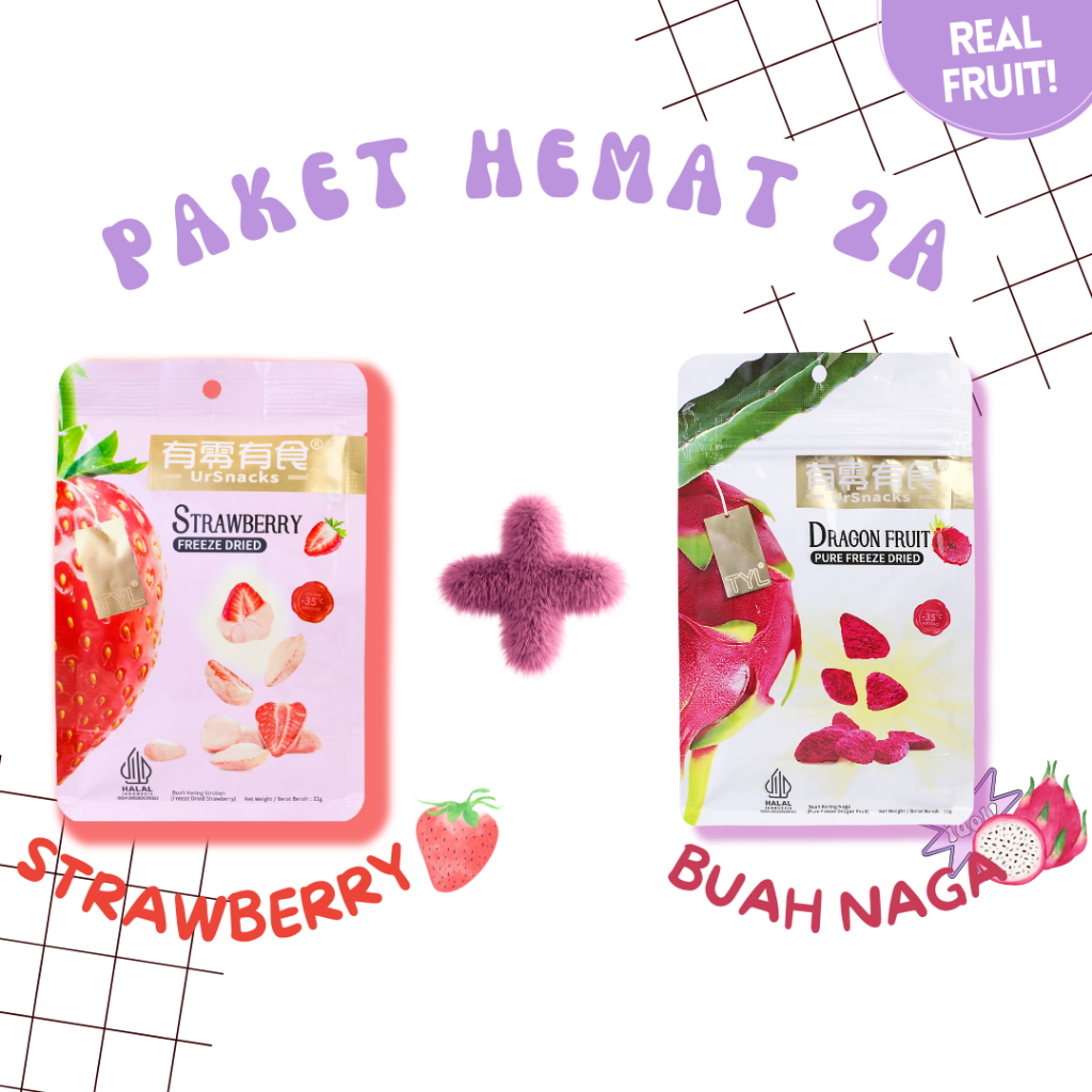 Jual URSNACKS PAKET HEMAT 2 - FREEZE DRIED KERIPIK SEHAT STRAWBERRY 22gr + DRAGON FRUIT 22gr ...