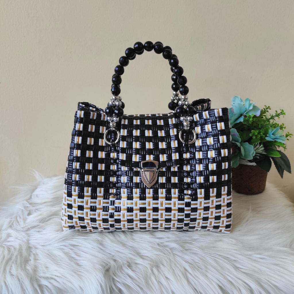 Jual (Gratis Aksesoris Rainbow) Tas Anyam Jali Handle Mutiara Akrilik ...