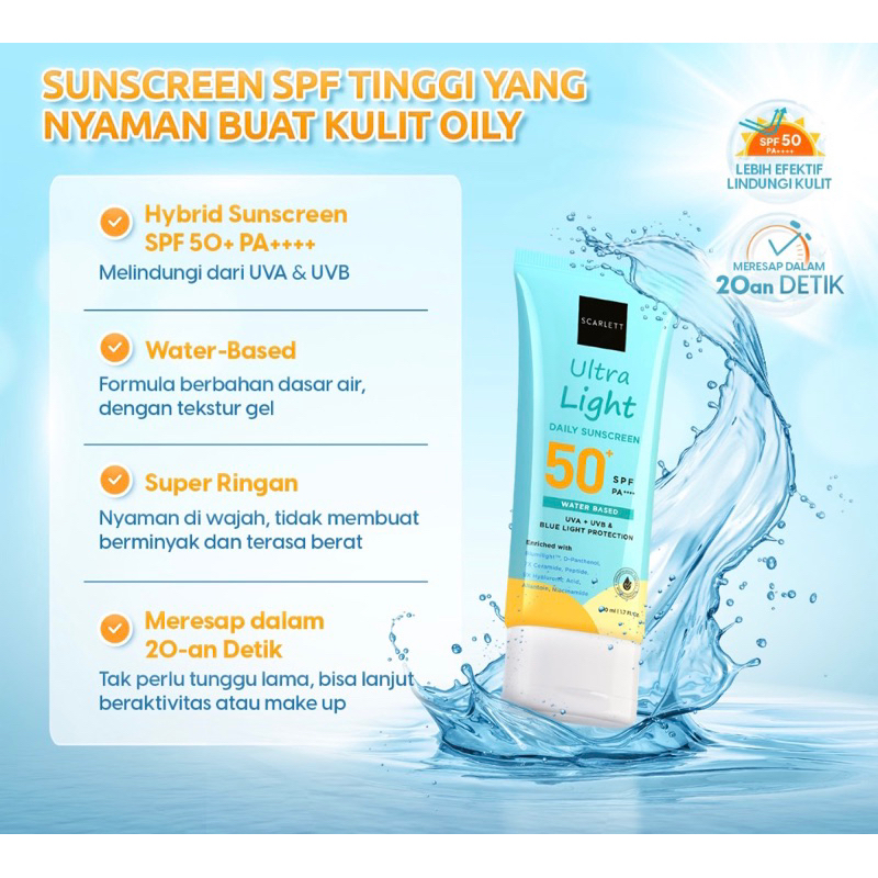 Jual SCARLETT SUNSCREEN ULTRA LIGHT SPF 50 PA++++(NEW!!!)BIRU ...