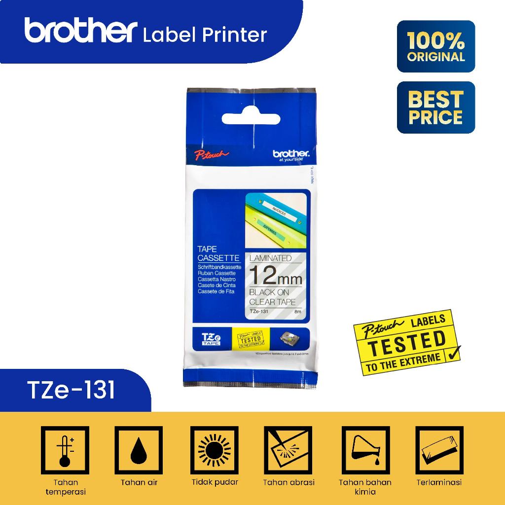 Jual Brother TZE-131 12mm x 8m Black On Clear Laminated Tape TZE131 ...