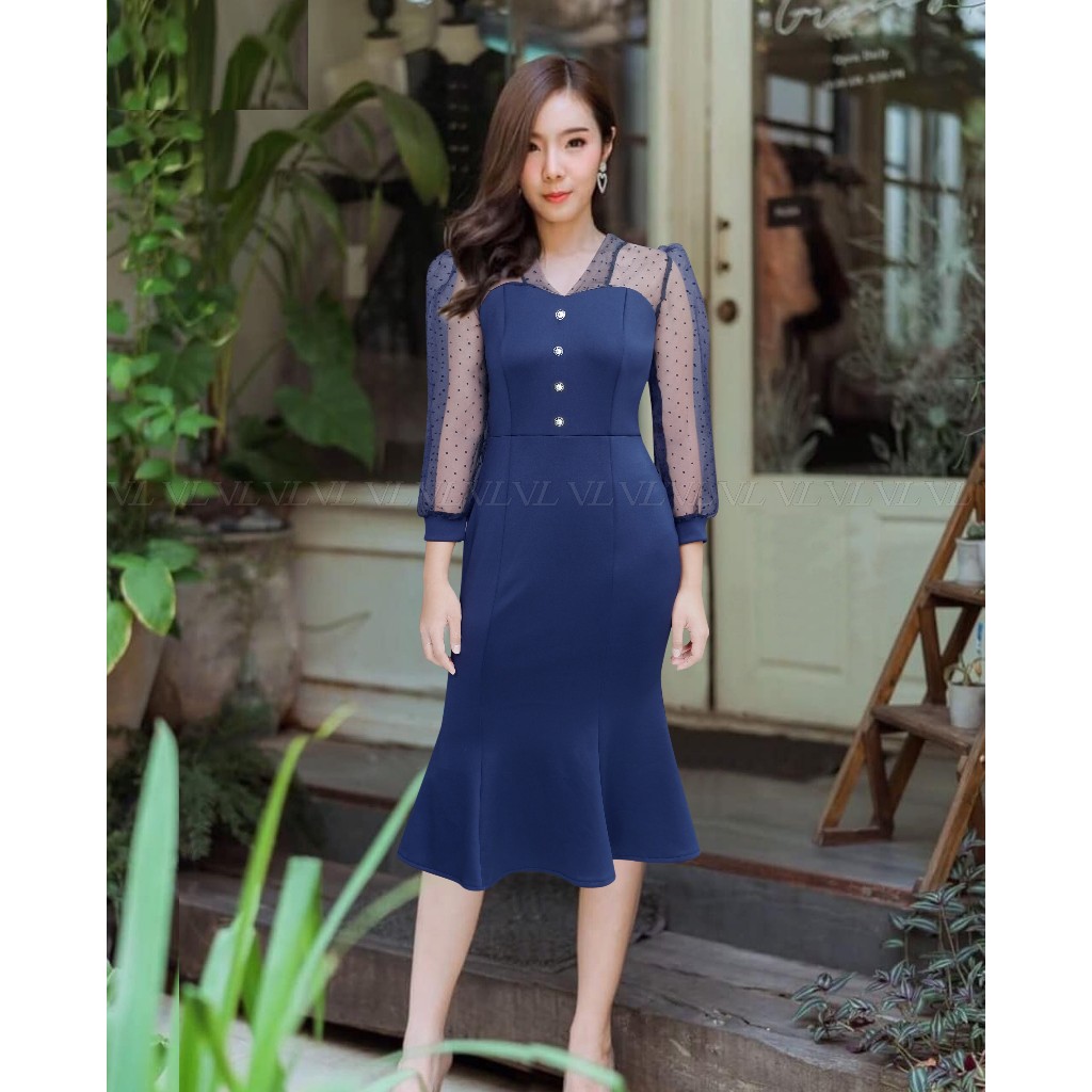 Jual LooWear Dress Pesta Scuba Premium Lengan Tile Model Rok Mermaid ...