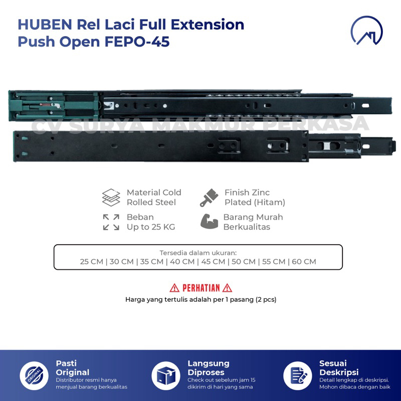 Jual (ISI 2) HUBEN FEPO-45 Rel Laci Full Extension Push Open 30 35 40 ...