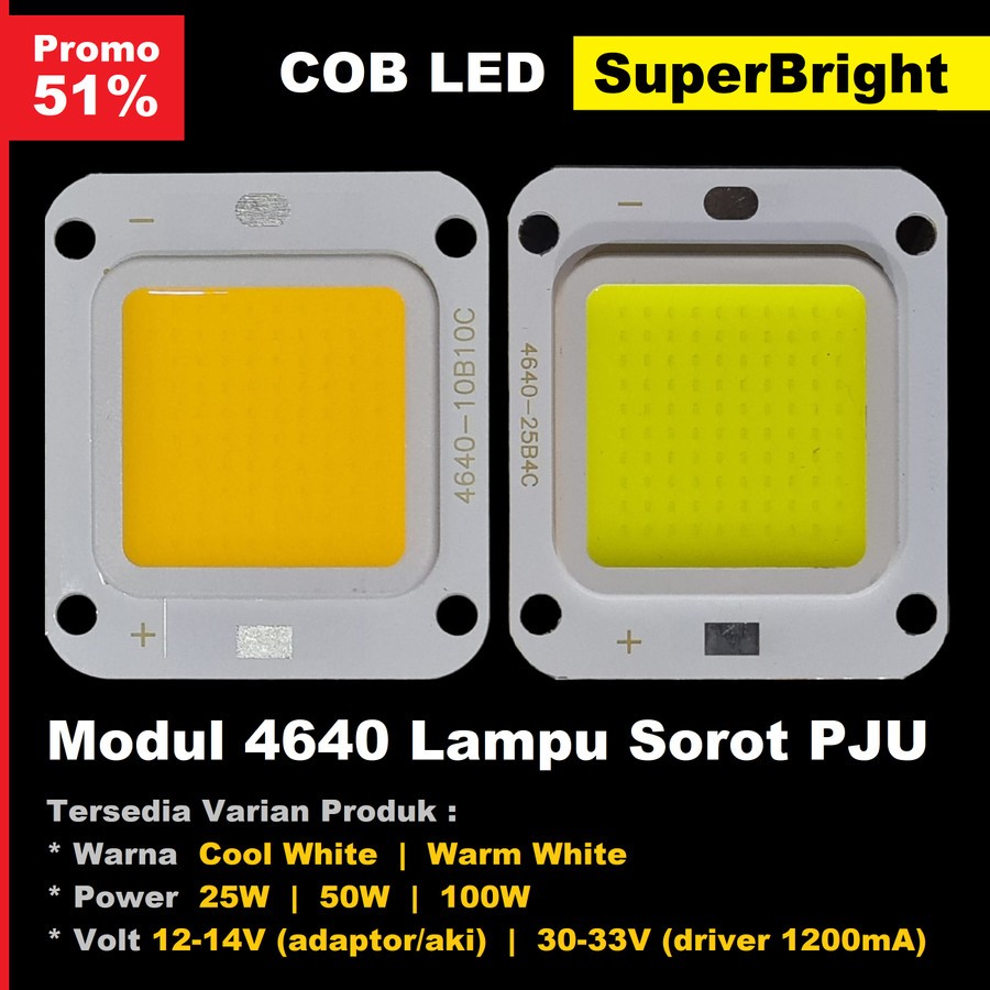 Jual Mata LED COB HPL 4640 Lampu Sorot PJU/Mobil Motor 100W Adaptor Aki ...