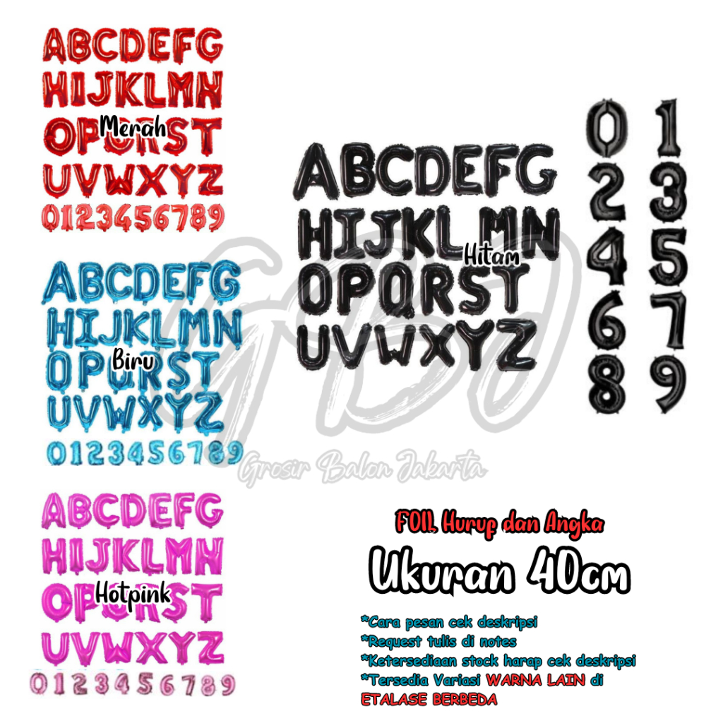Jual (SATUAN) Balon Foil ANGKA DAN HURUF - 40cm (Merah, Hitam, Biru ...