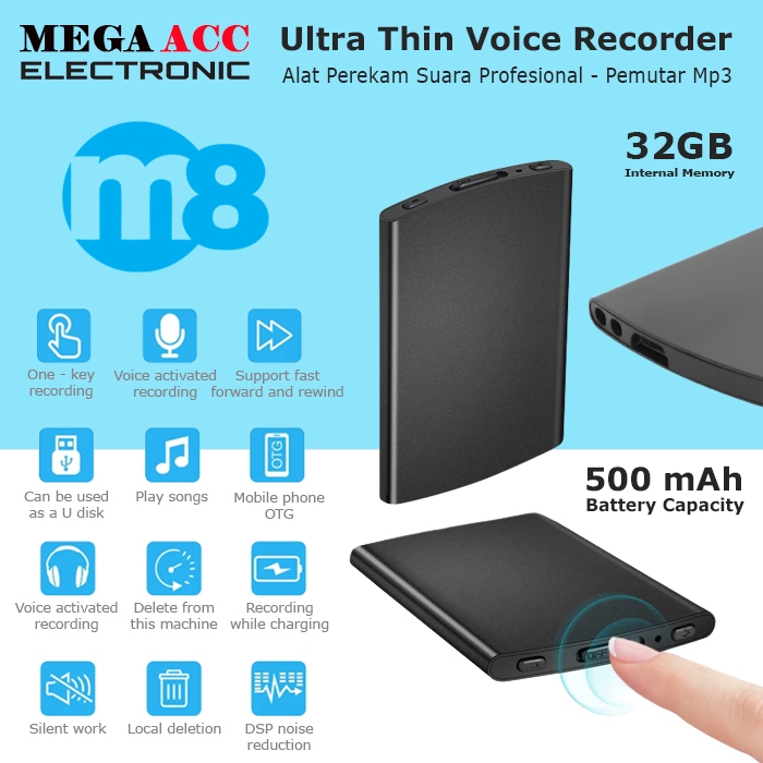 Jual Voice Recorder M8 Ultra Thin 8 GB - Alat Perekam Suara Profesional ...