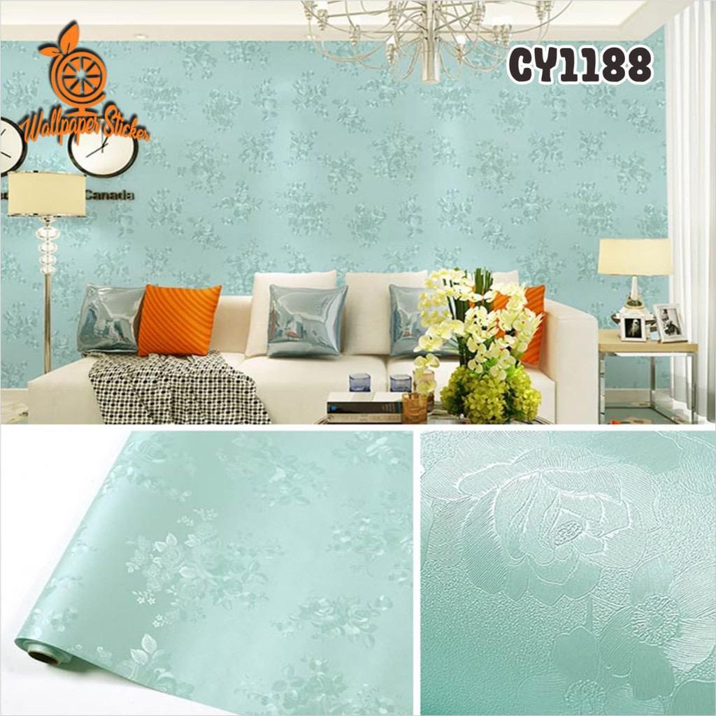 Jual wallpaper sticker dinding polos embos motif bunga warna hijau ...