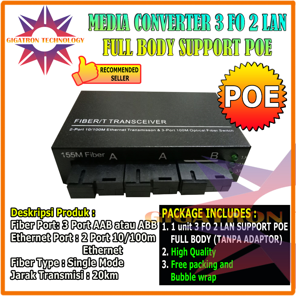Jual Media Converter Fiber Optic 3 Port FO 2 Port LAN POE 10/100 Full Body / Switch Fiber Optik ...