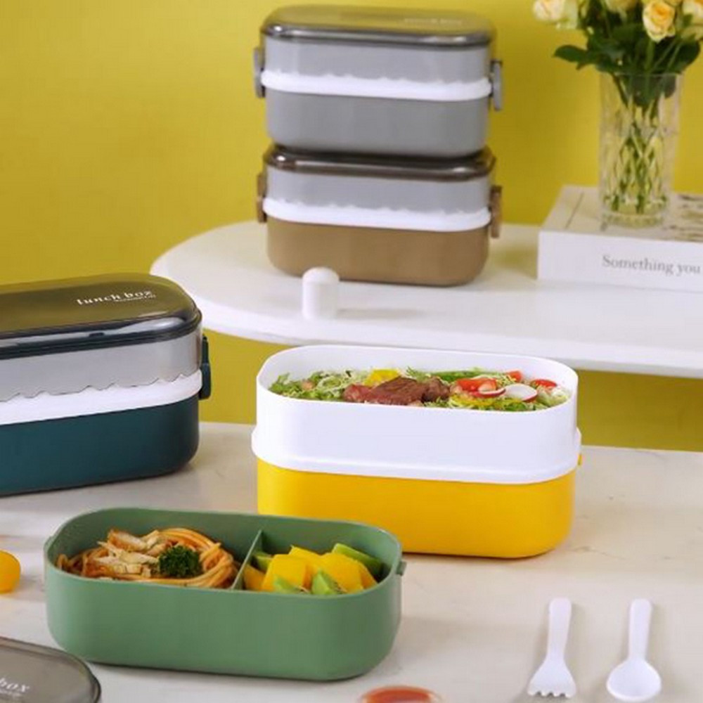 Jual Lunch Box Bento Set 1000ML dengan Sendok Garpu BPA FREE / Kotak Makan 2 Tingkat Anti Tumpah ...