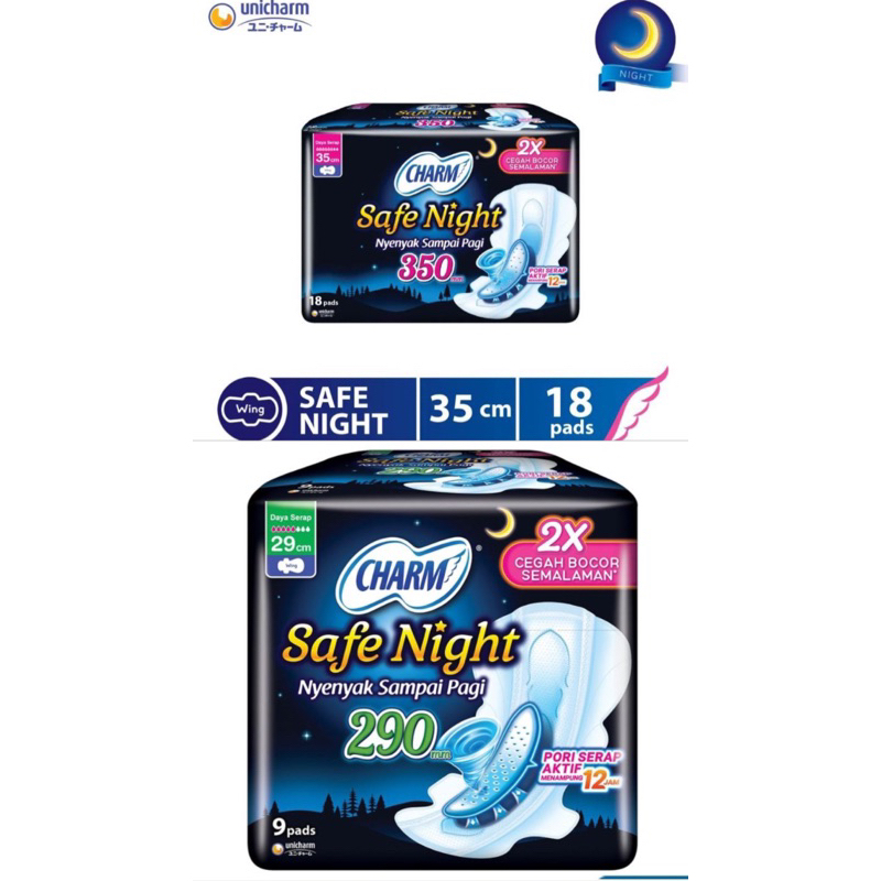 Jual Charm Safe Night 35 cm 12 Pads 29 cm 9pads Wing Malam Pembalut ...