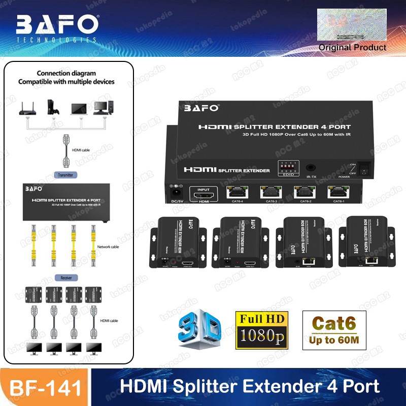 Jual BAFO HDMI Extender Splitter 4 Port via UTP CAT6 up to 60 Meter BF ...