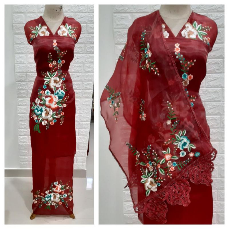 Jual Bahan Baju Kurung Bordir Set Selendang Motif Suji Caia (Organza ...